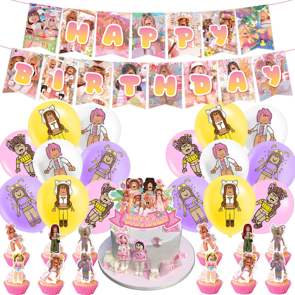 Pink Roblox Girl Birthday Party Decoration banner cake toppers Balloons ...
