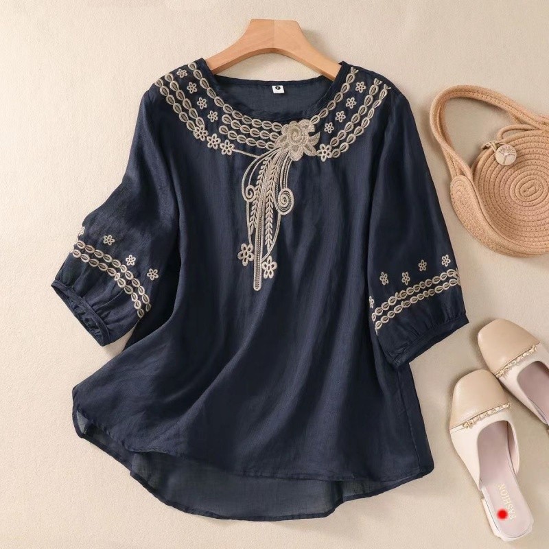 Embroidery Baggy Blouse Women Sulam Vintage Cotton Linen Summer Plus ...