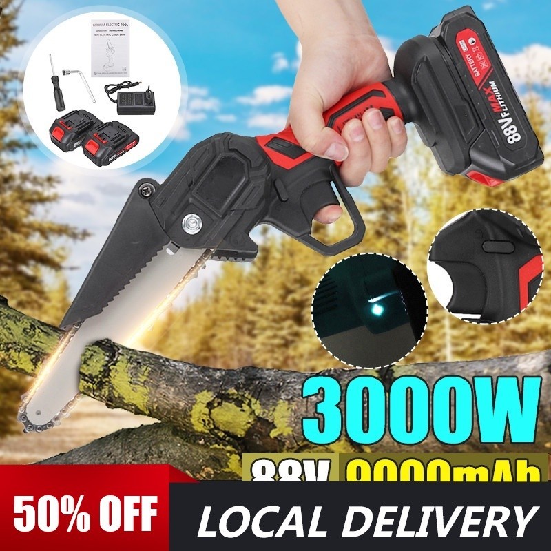 6 Inches 88V Mini Electric Chain Saw With 2Pcs Battery Woodworking 110V ...