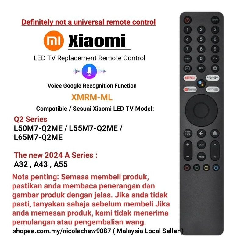 Xiaomi TV Remote Control XMRM-ML L50M7-Q2ME, L55M7-Q2ME, L65M7 Q2ME ...