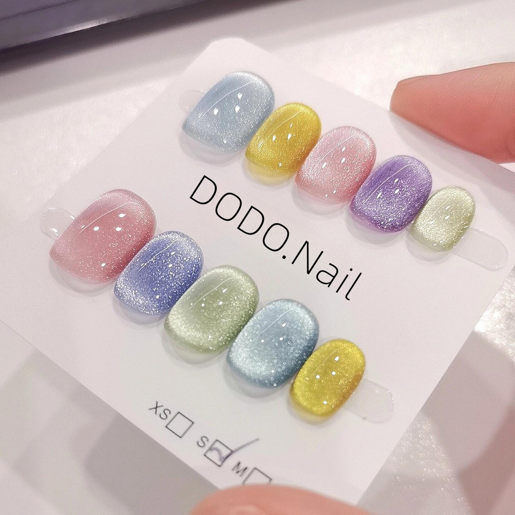 DODO.Handmade Press on Nails Rainbow Jumping Sugar the rainbow Glass Beads Cat Eye Fake Nails ...