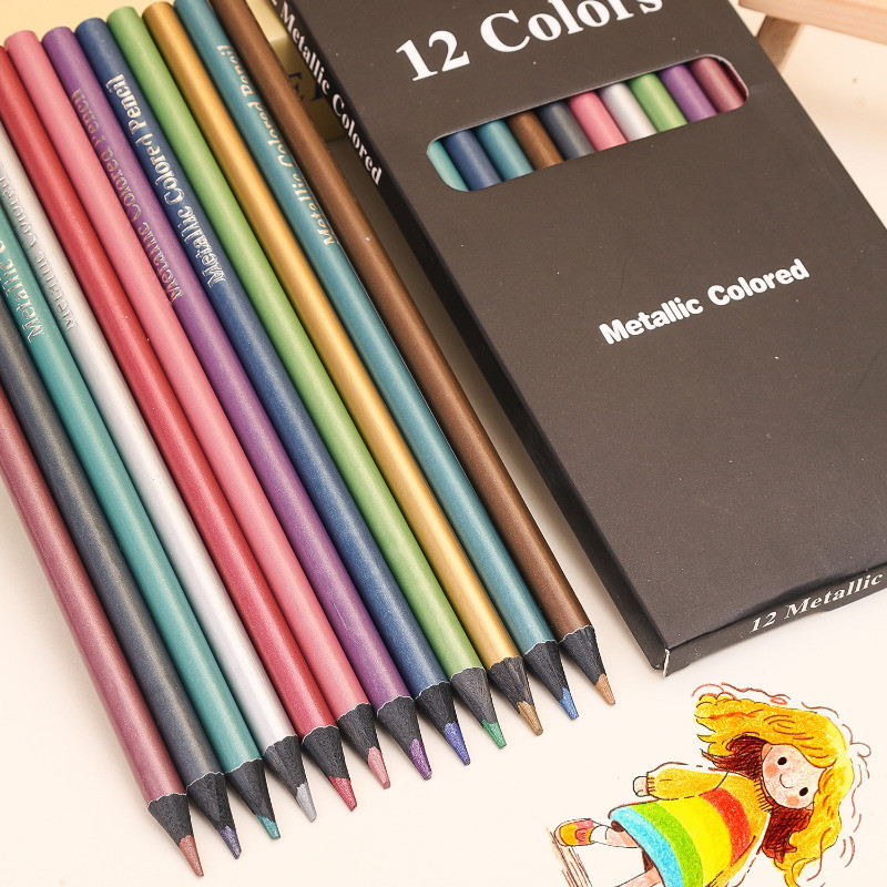 12 Color Metallic Colored Pencils - Painting Coloring Colour Pencils ...