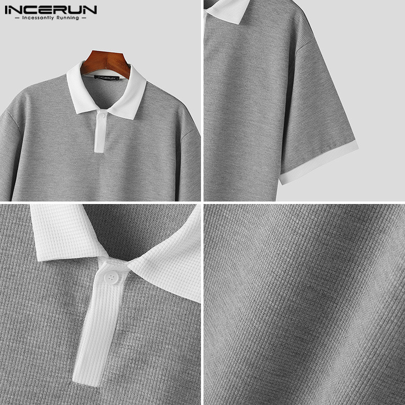 INCERUN Men Korean Casual Waffle Patchwork Short Sleeve Lapel POLO ...