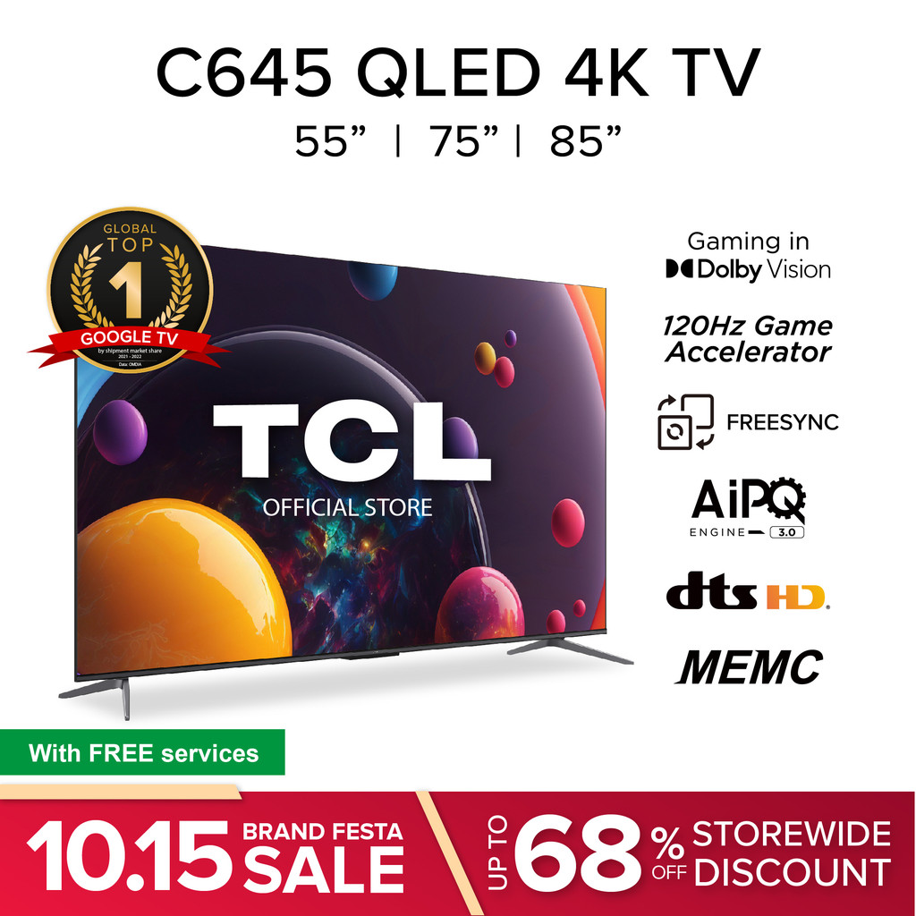 New | TCL C645 QLED 4K Google TV | 55 75 85 inch | Wide Color Gamut ...