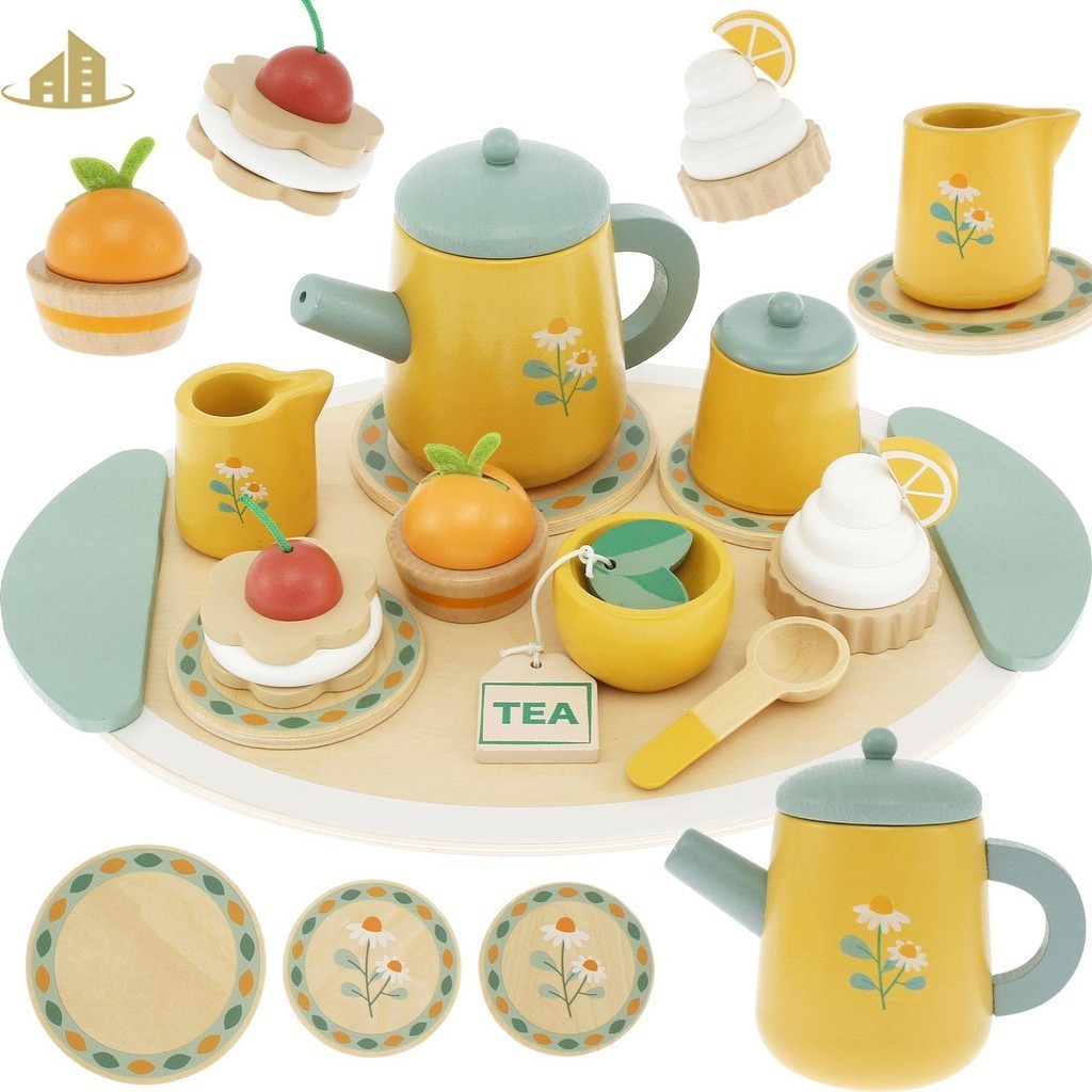 13 Pcs Wooden Tea Set for Little Girls Afternoon Tea Party Playset with ...