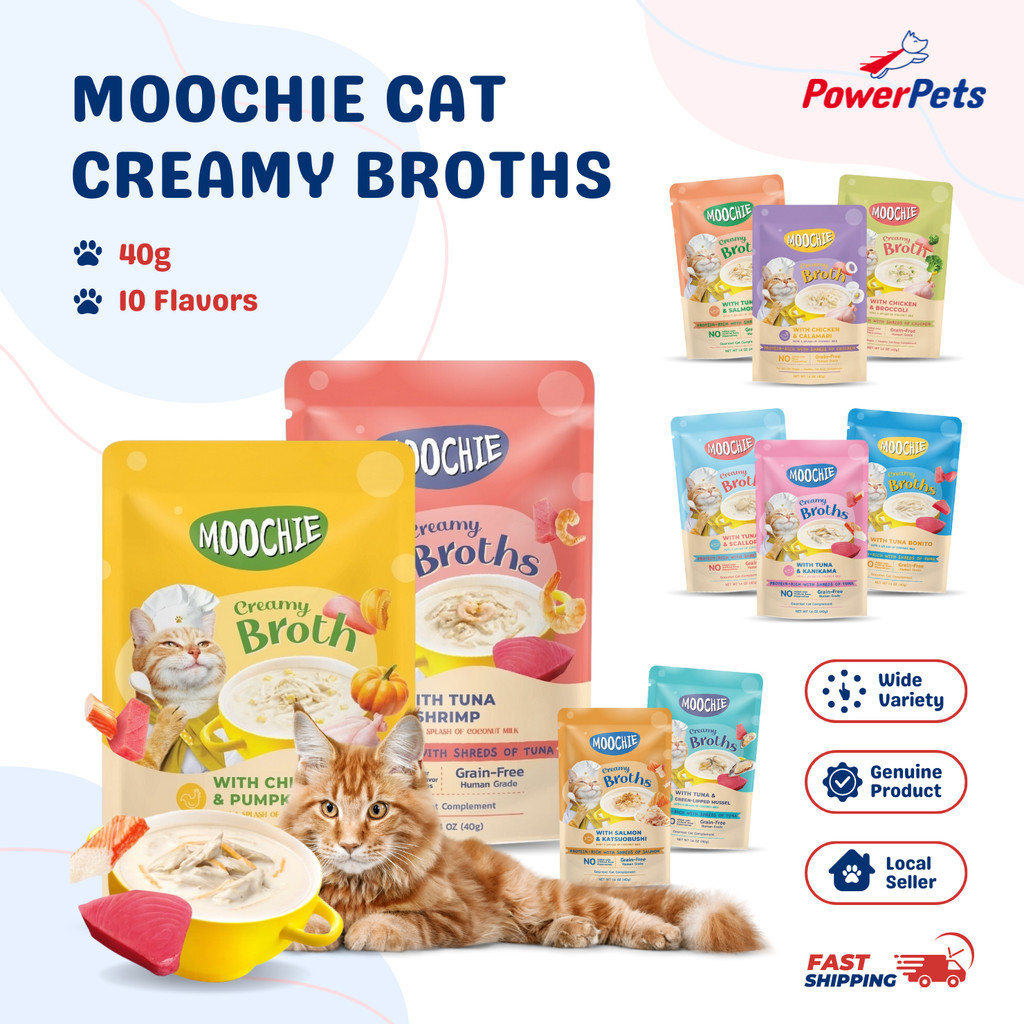 Moochie Cat Creamy Broths 40g Pouch - Salmon Katsuobushi Tuna Scallop ...