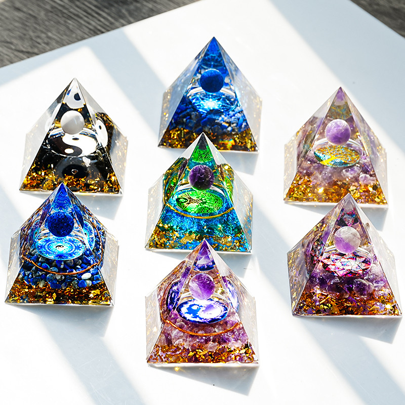 Handmade Healing Energy Crystal Crushed Stone Pyramid Ornaments Resin ...