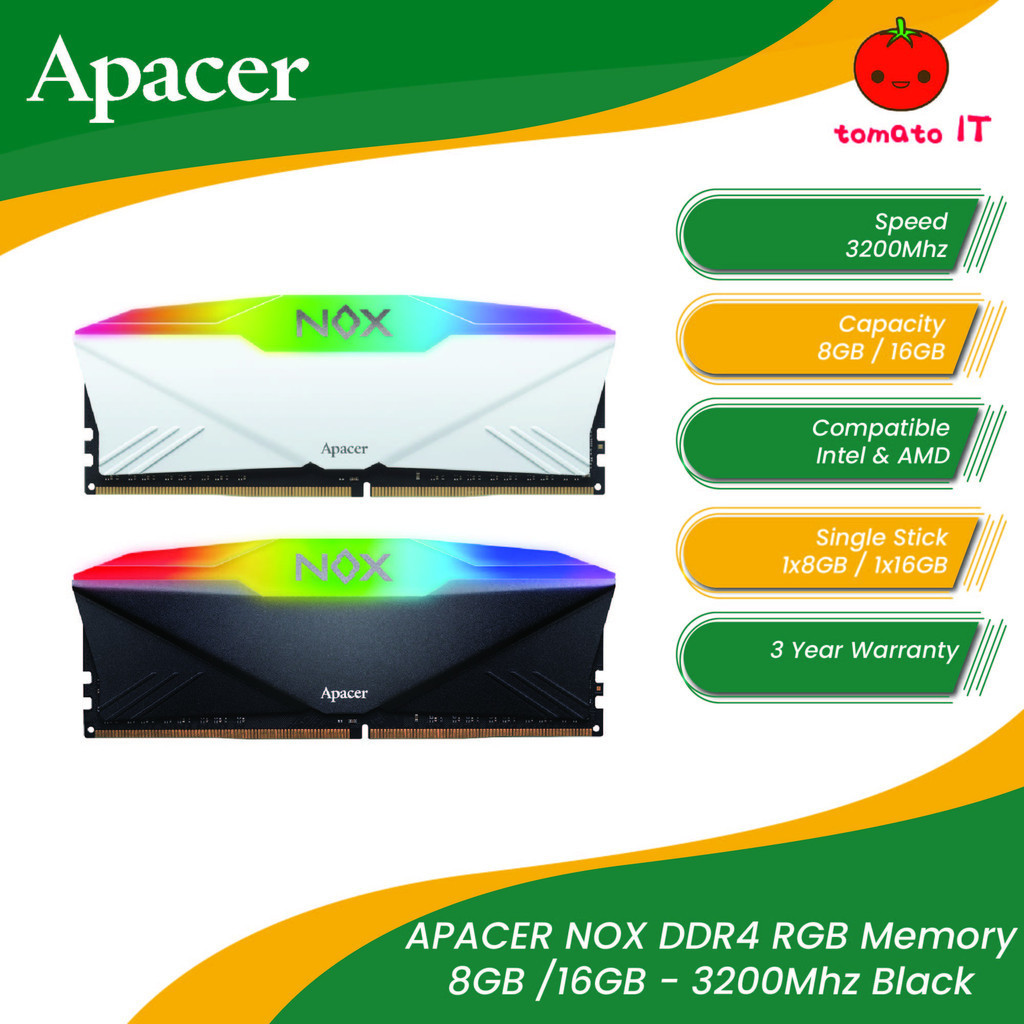 APACER NOX RGB DDR4 Desktop Memory 3200Mhz Black/White (8GB/16GB ...