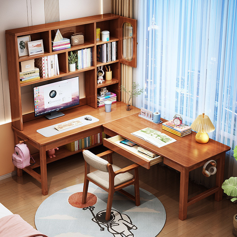 ST/ Solid Wood Corner Desk Bookshelf with a Bookcase Integrated Junior ...