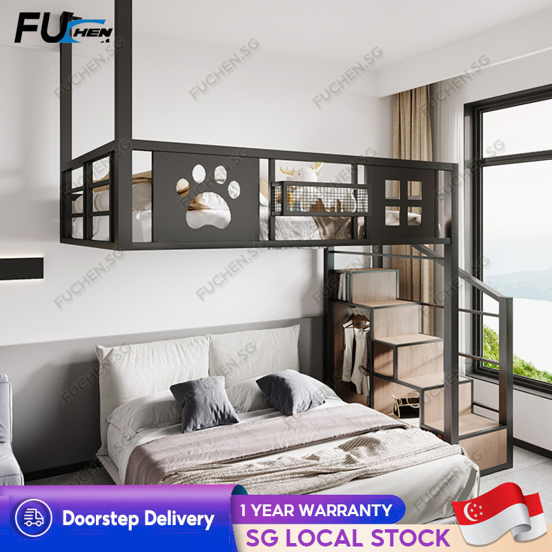 FUCHEN Loft Bed Frame Provincial Space Elevated Bed Sheet Upper ...