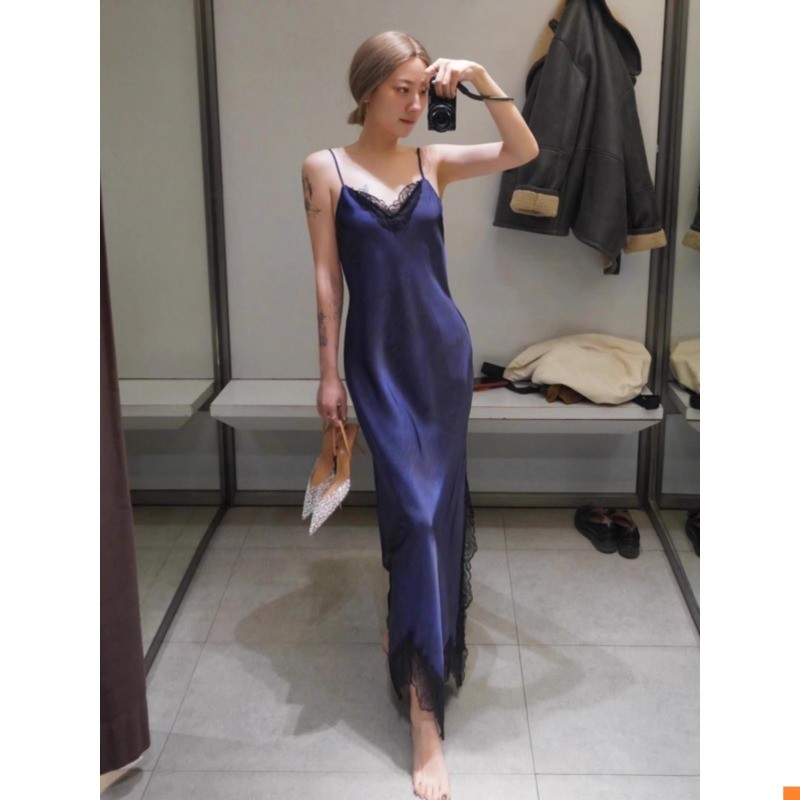 2025 New Style Blue French Beautiful V-Neck Lace Trim Narrow-Waisted ...