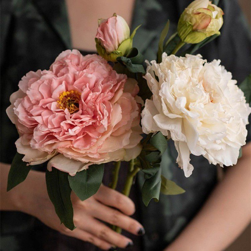 2 Head Artificial Retro Classic Peony Flower Bouquet Fabric Flowers for ...