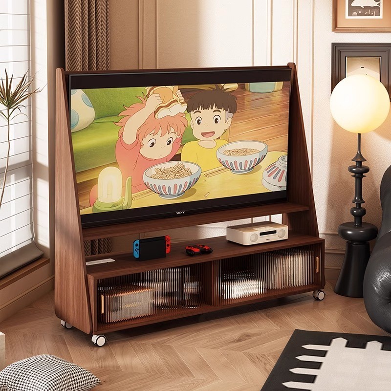 Solid Wood Movable TV Stand Bedroom with Wheels Living Room Home Small ...