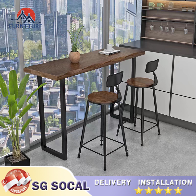 F HOME Solid Wood Bar Table Barchair Wrought Iron Thicken Frame living - Wood bar table / Wood ...