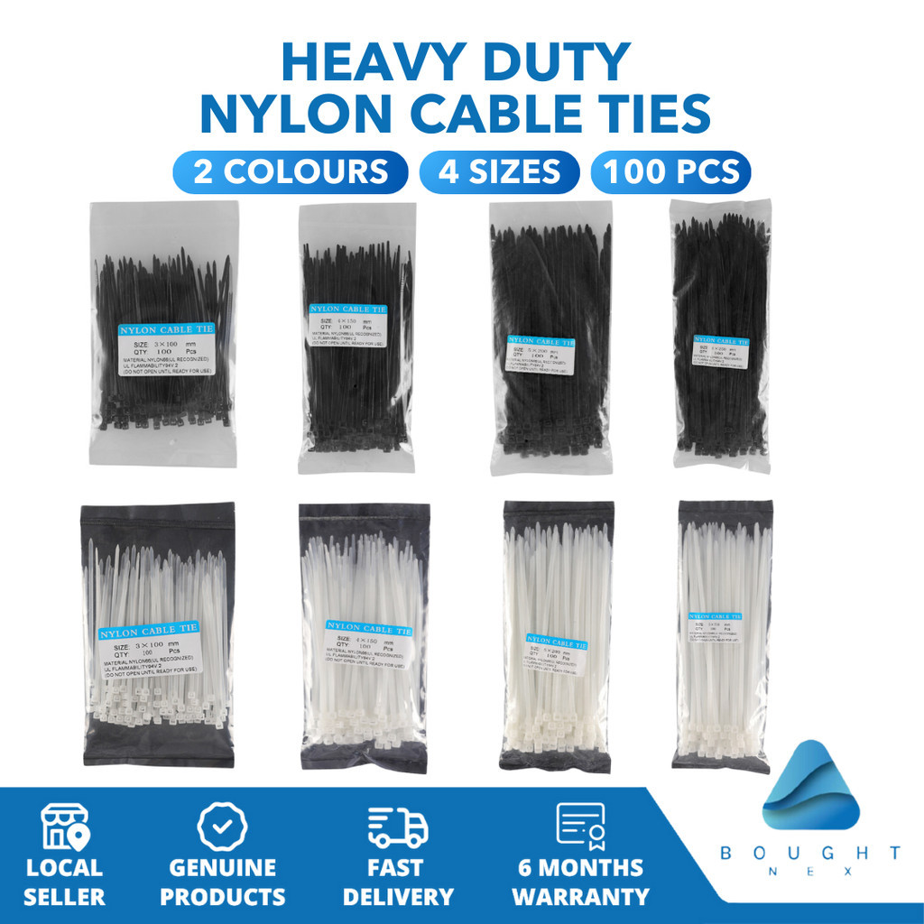 100 Pcs Heavy Duty Nylon Cable Ties Black White 4x150 5x250 5x200 3x100 ...