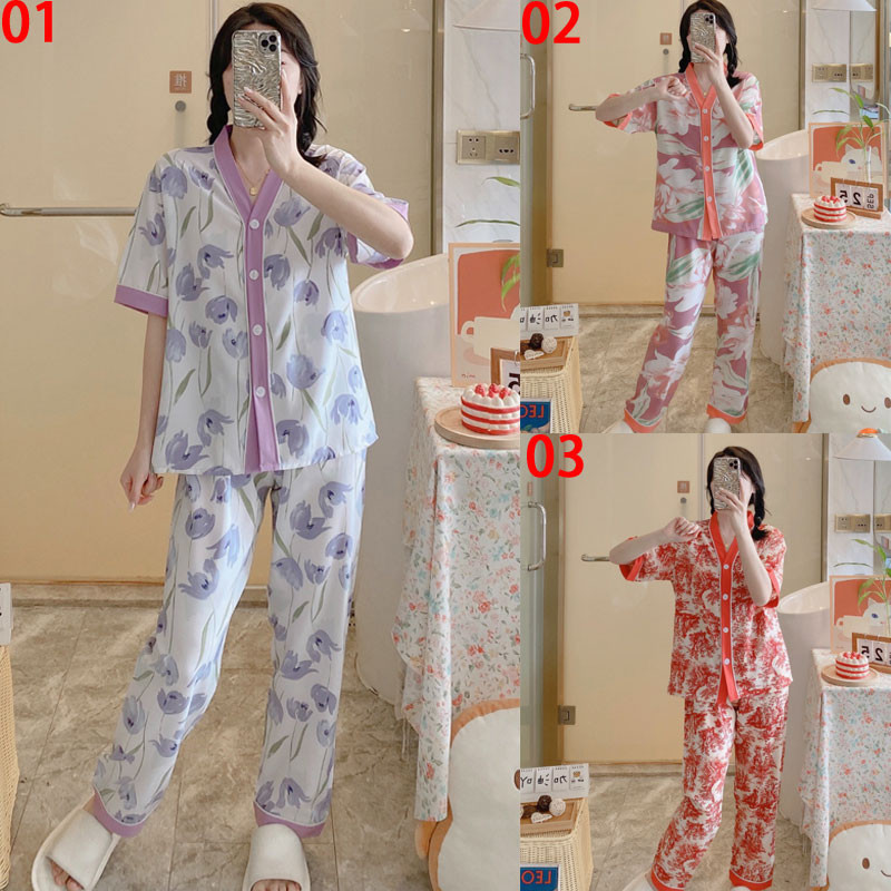 Korean Women Cotton Pyjamas Set Short Sleeve Tulip Purple Print ...