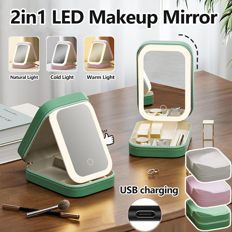 2in1 LED Makeup Mirror Bag Portable Travel Cosmetics Storage Box Touch ...