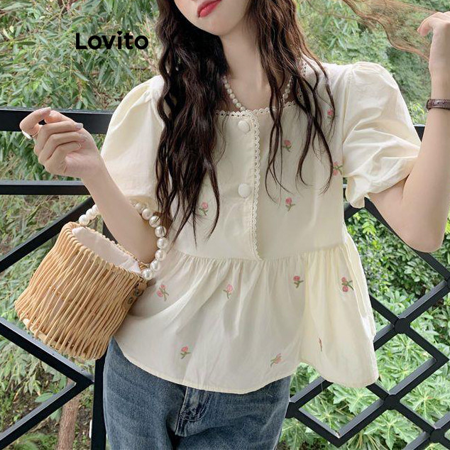 (Trendy) Lovito Cute Blouse Ditsy Floral Button Ruffle Hem Ruffle Neck ...