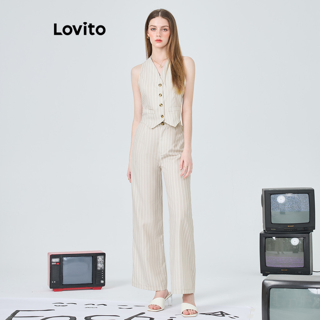 Lovito Elegant Striped Button Front Pants Sets for Women L86ED332 ...