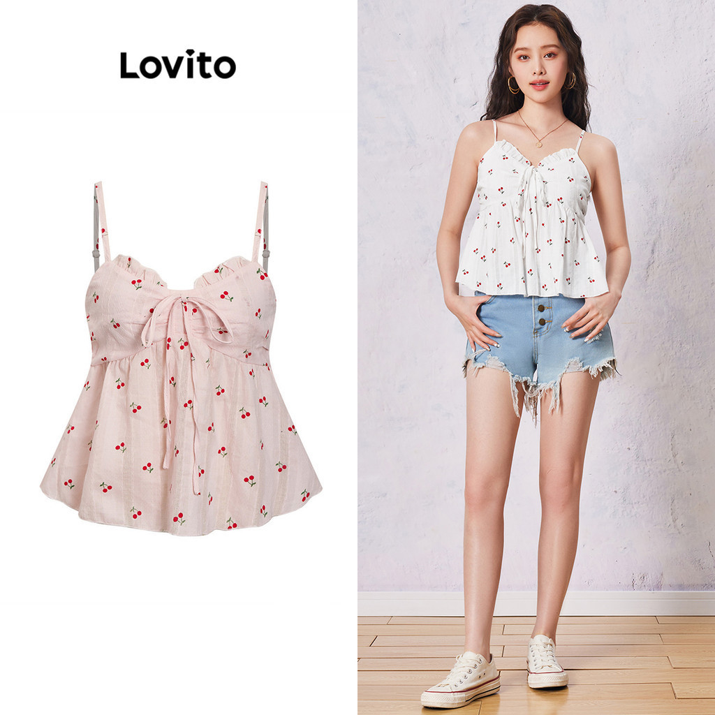 Lovito Casual Ditsy Floral Drawstring Ruffle Embroidery Tank Top for ...