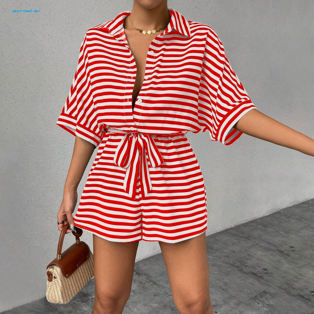 Vertical Striped Jumpsuit Women Romper Summer Women's Striped Lace-up ...