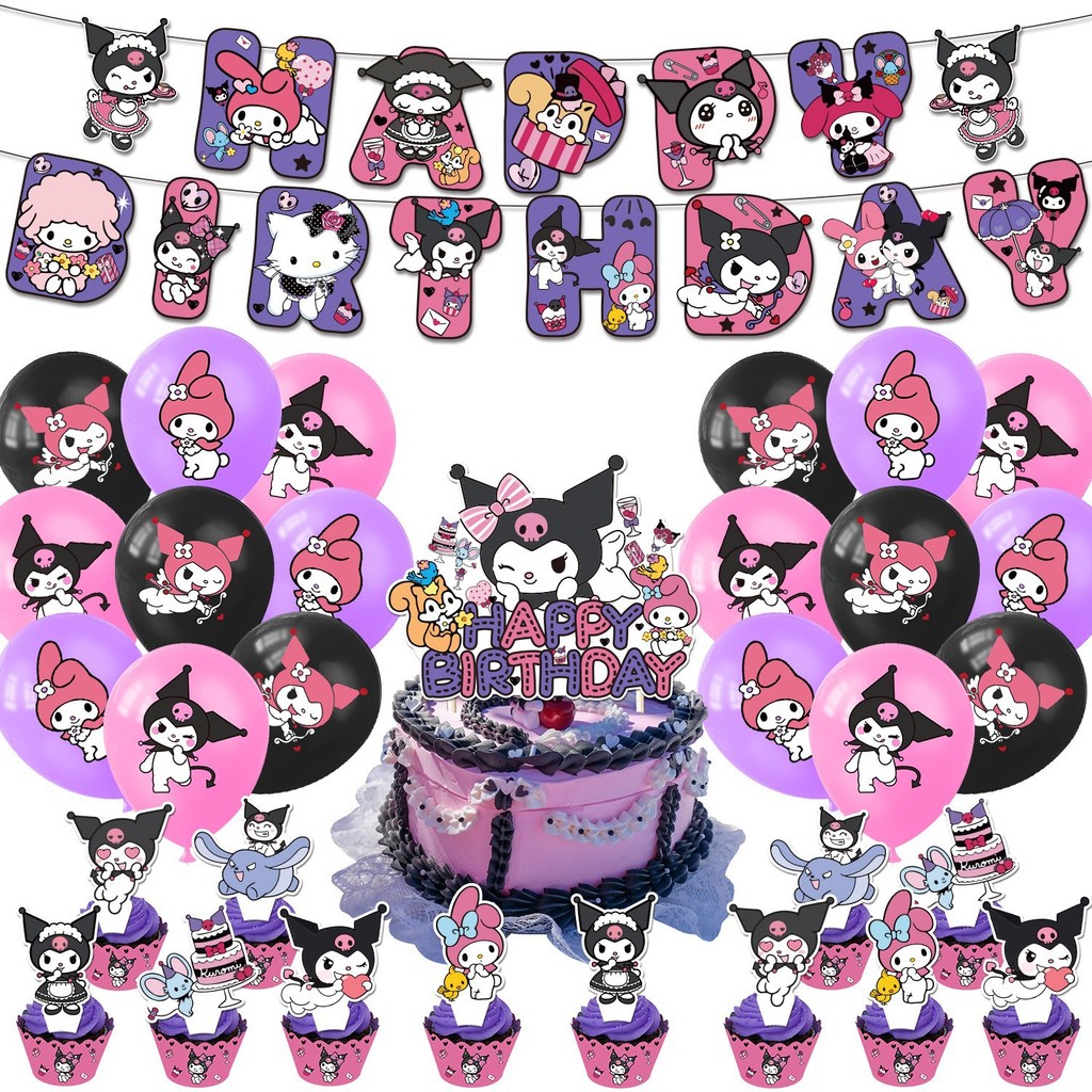 Kuromi Theme Banner Cake Toppers Latex Balloons Baby Shower Girls ...