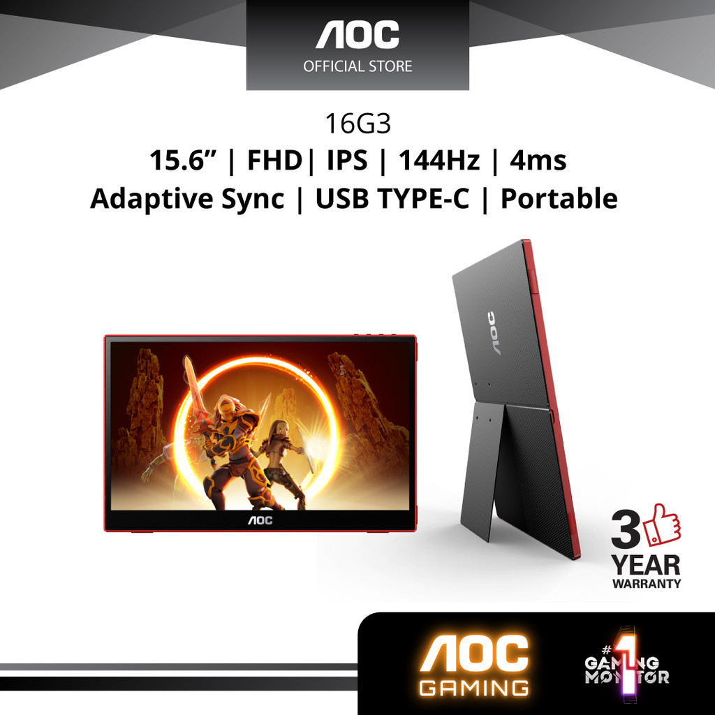 AOC 16G3 15.6" FHD 144Hz Portable Monitor with Adaptive Sync, USB-C ...