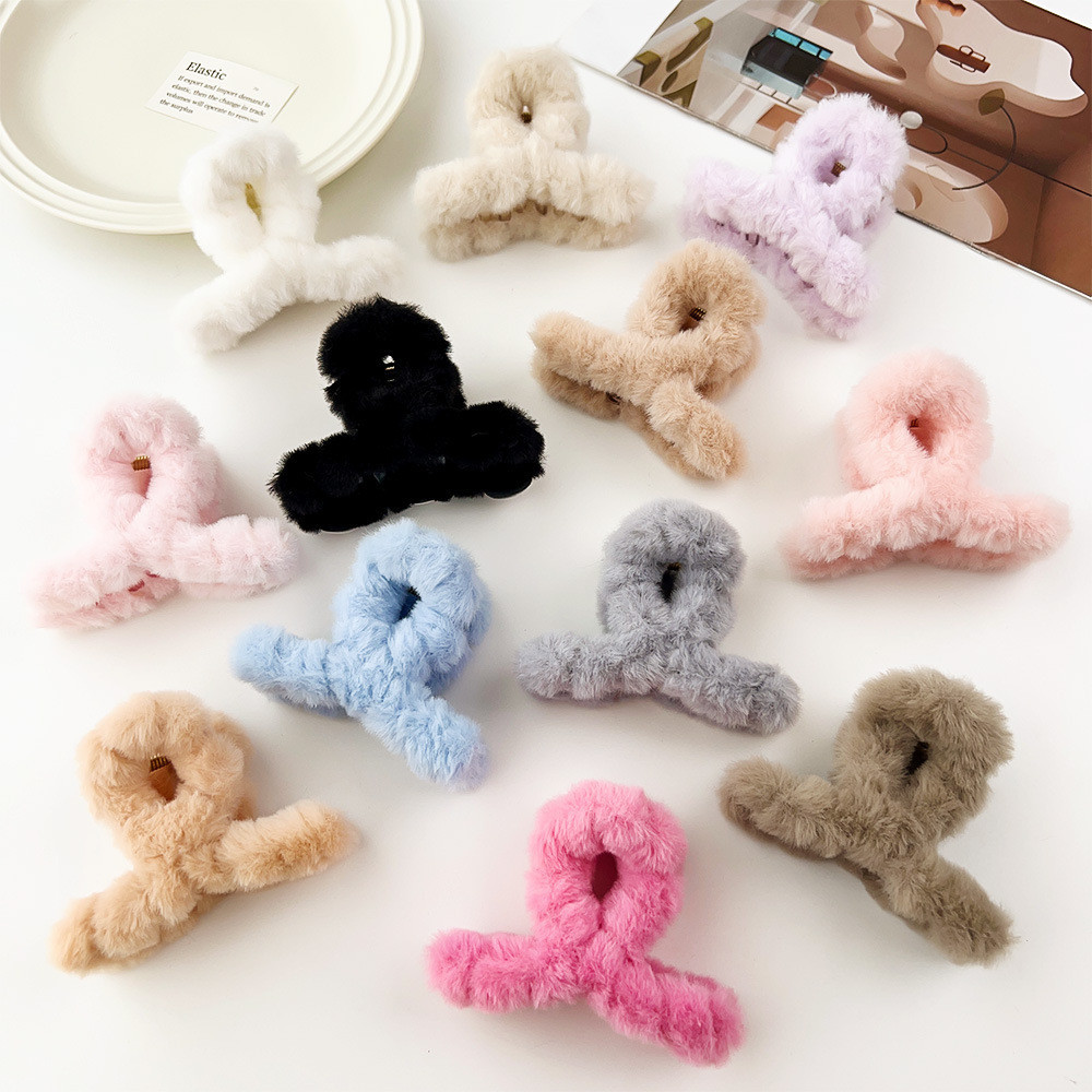 Korean Fashion Cross Plush Hair Claw Furry Hair Clip Grab Claw Clip ...