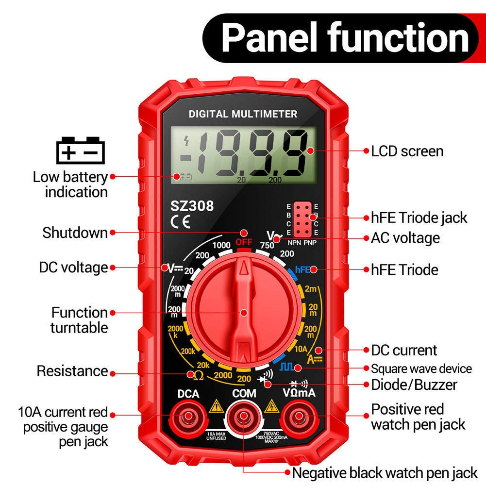Digital Multimeter AC/DC Voltmeter Ammeter 1999 Counts LCD Resistance ...