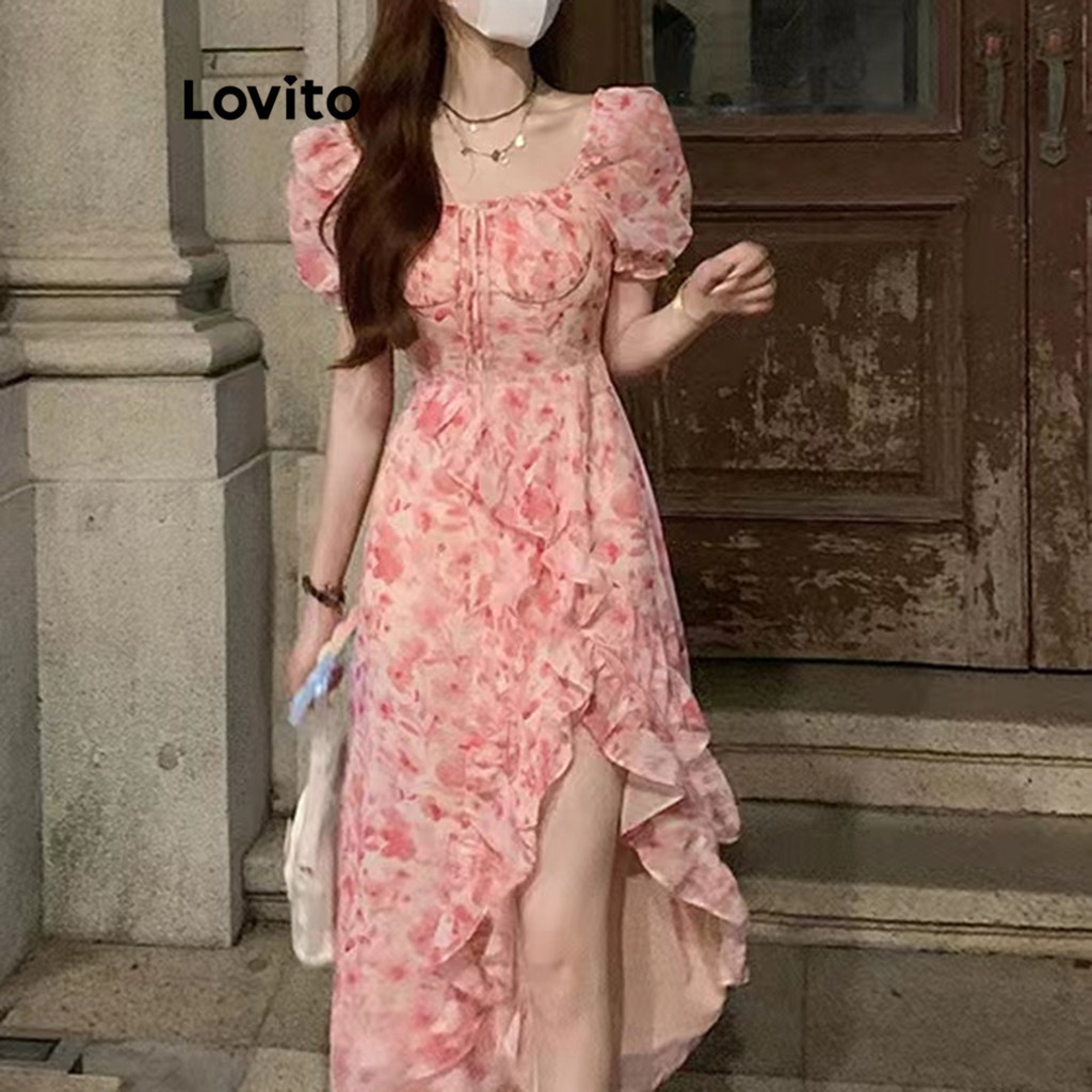 Lovito Boho Ditsy Floral Ruffle Square Neck Puff Sleeve Dress for Women ...