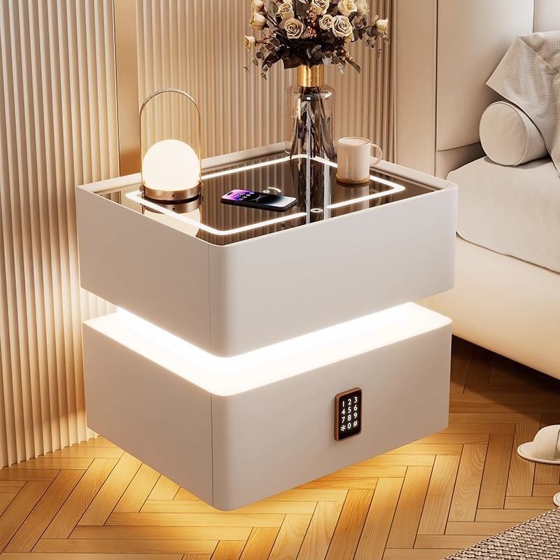 Smart Bedside Table Modern Simple Solid Wood with Light Bedroom Light ...