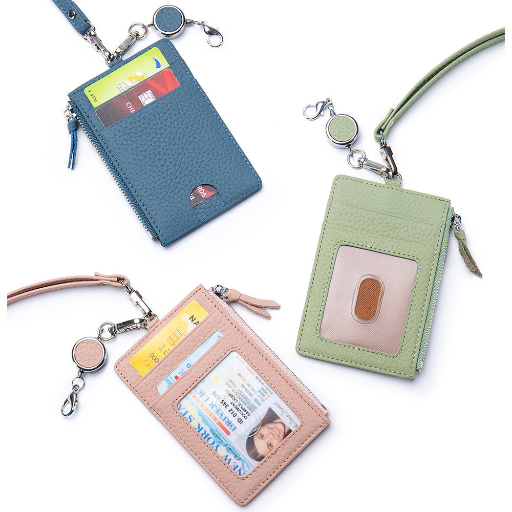 Real Leather Business Card Holder With Lanyard Zipper ID Card Holder ...
