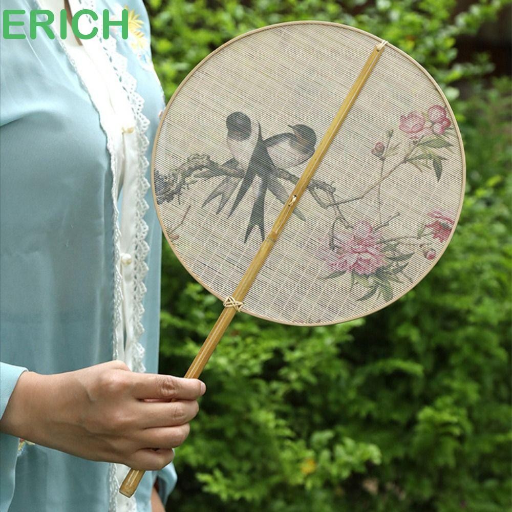 ERICH1 Bamboo Woven Round Fan, Handheld Floral Pattern Chinese Style ...
