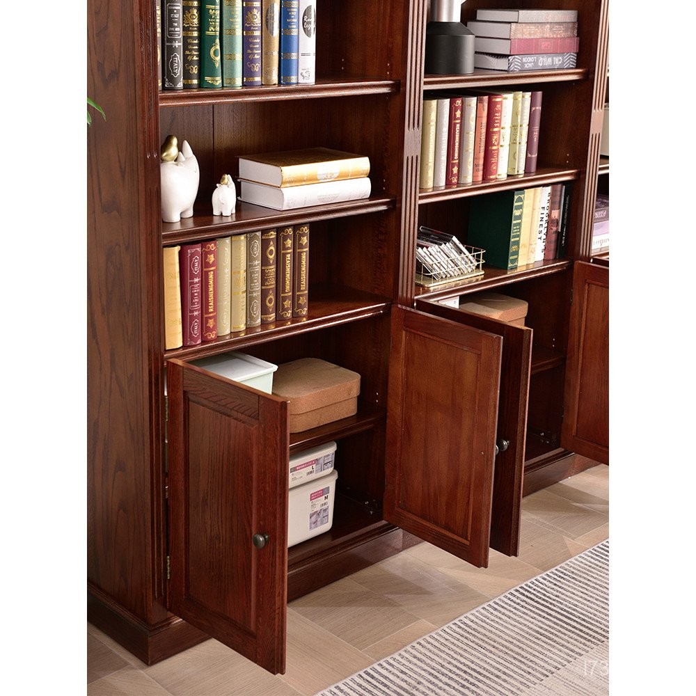 American Style Solid Wood Bookshelf Full Wall Natural Wood with Doors Storage Cabinet Floor ...