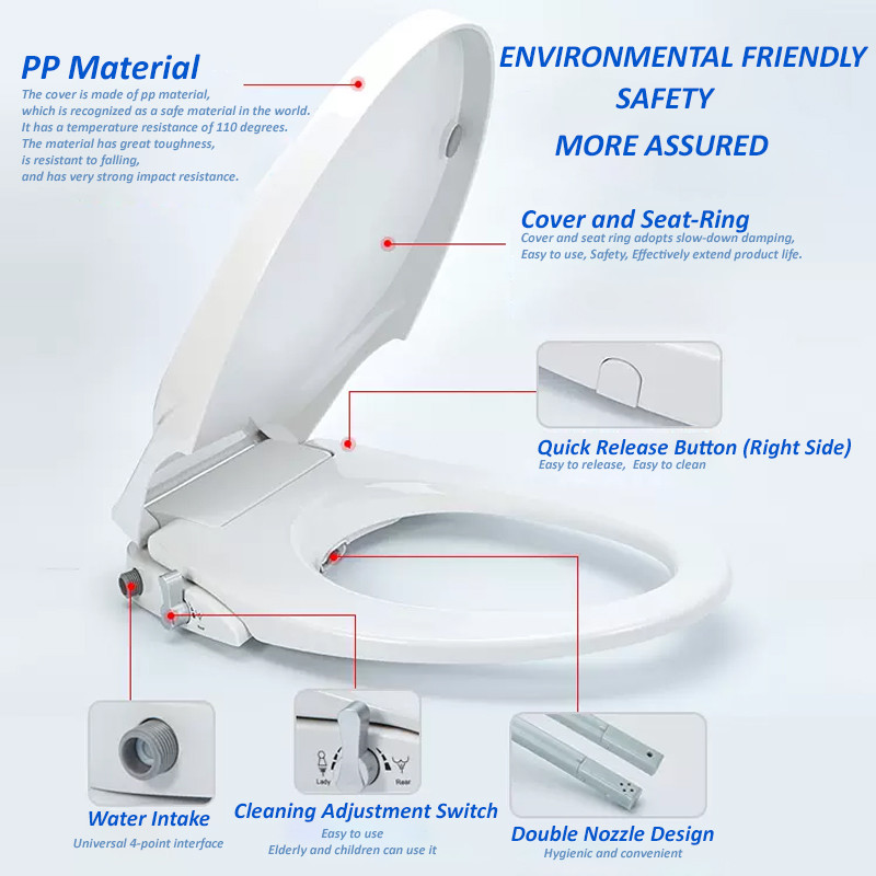 Bidet Toilet Seat Cover Non-Electric + Soft Closing Dual Nozzle (Lady ...