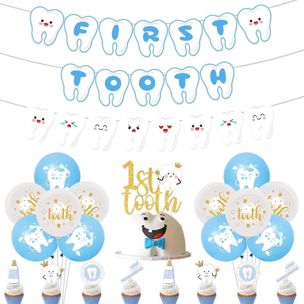 First Tooth Theme Party Decorations Blue Dental Theme Party Decor First ...