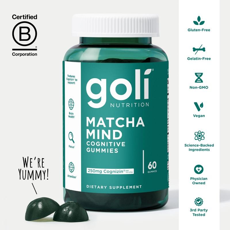 Goli Matcha Mind Gummies - Green Tea Leaves Powder with Cognizin for ...