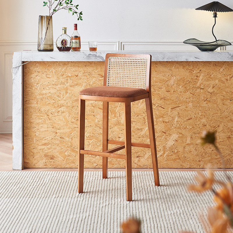 Nordic Rattan Bar Chair with Backrest, Modern Minimalist High Stool for ...