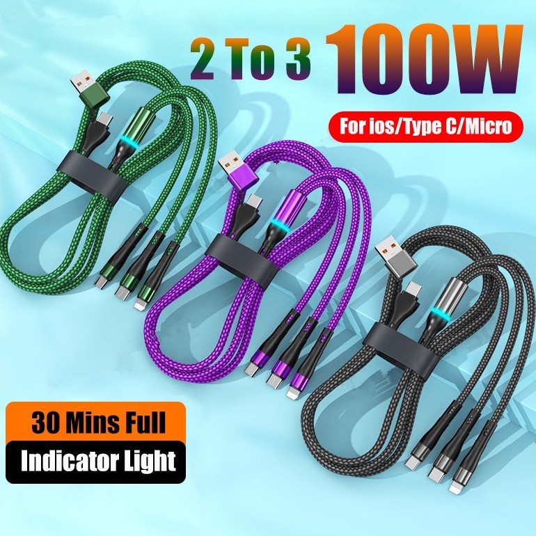 3 in 2 Super Fast Charge Cable USB Type C Charger Cord With Indicator ...