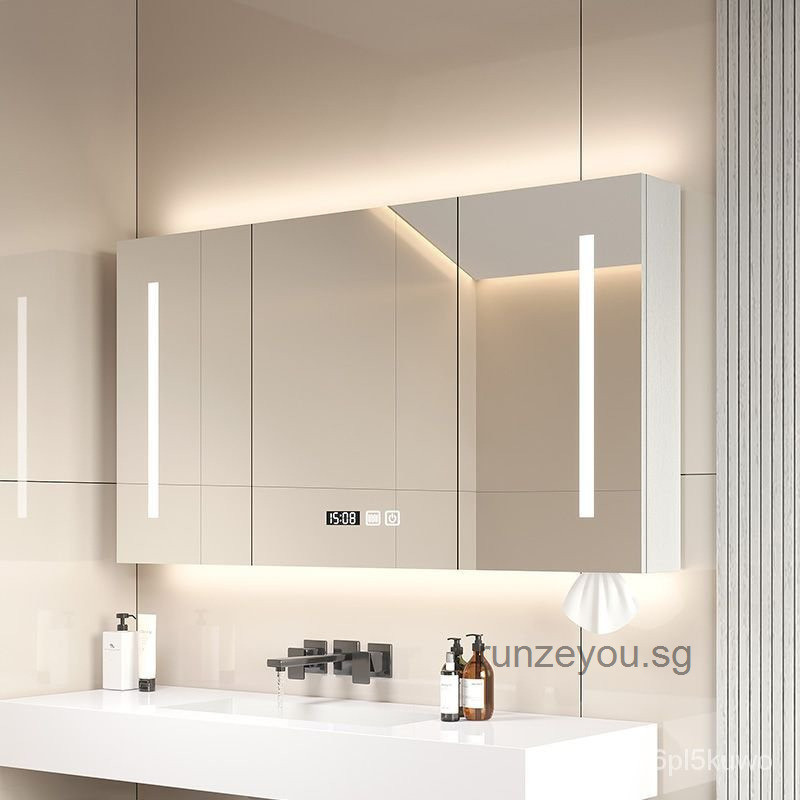 RUNZEU Solid Wood Smart Bathroom Mirror Cabinet with Light Defogging ...