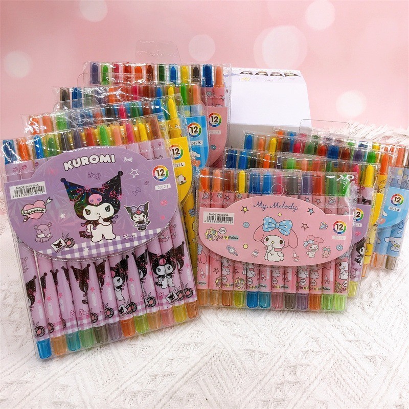 Sanrio Hello Kitty Kuromi My Melody Rotating Crayon 12 Colors Children ...