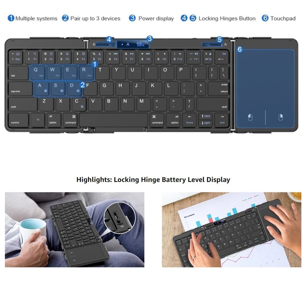 Jomaa Alloy Bluetooth Foldable Keyboard Battery Level Display ...