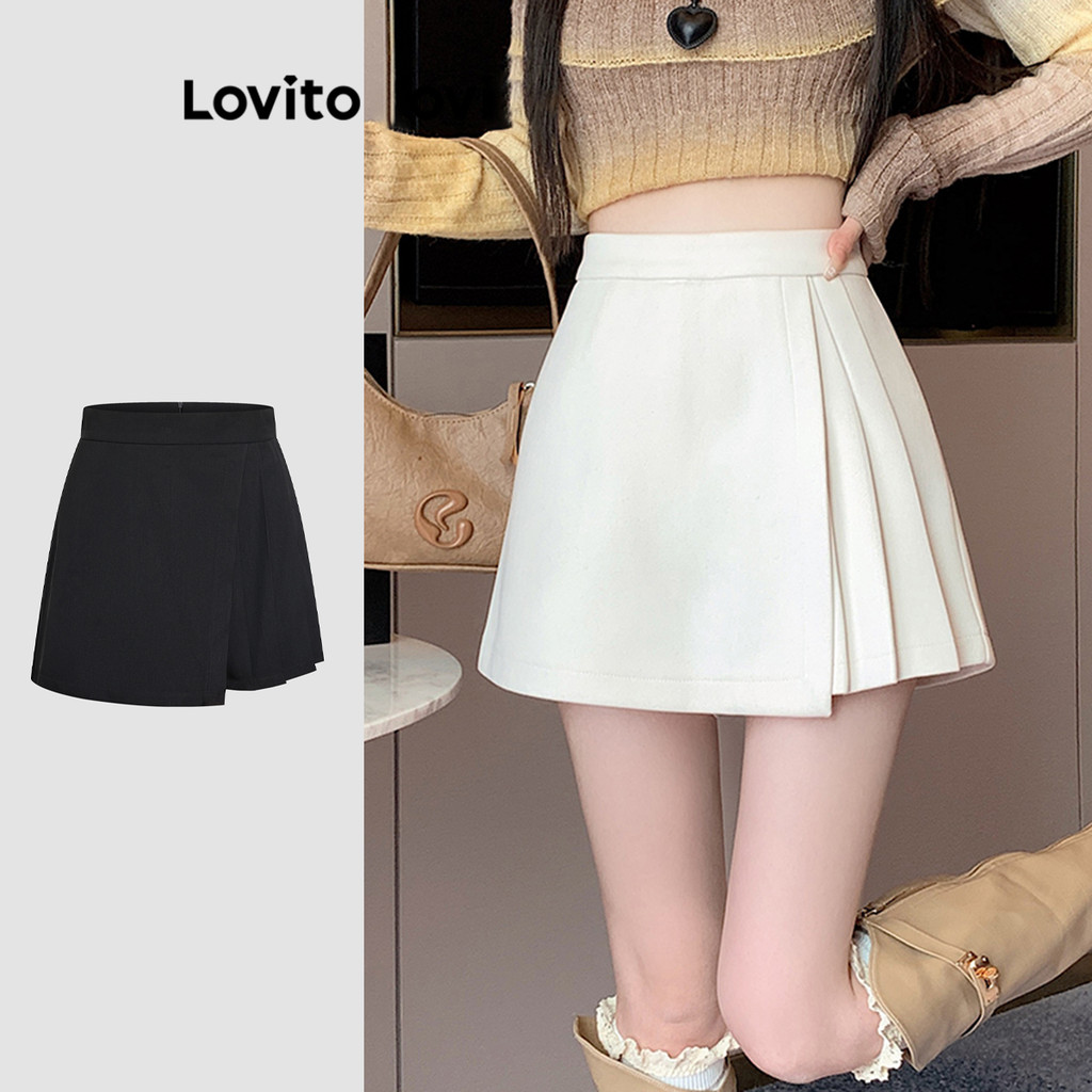 Lovito Casual Plain Pleated Asymmetrical Shorts for Women LNE38203 (Off ...