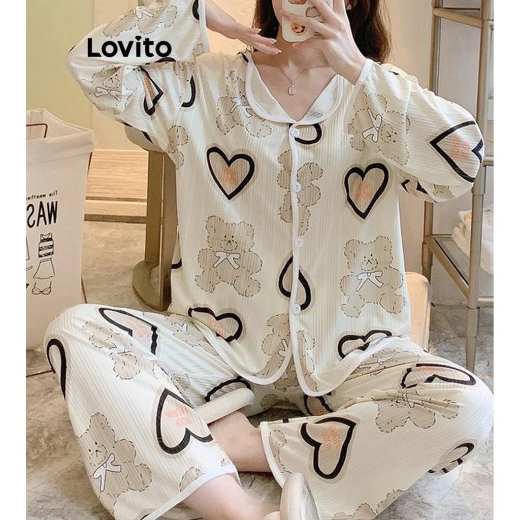 Lovito Casual Animal Button Front Contrast Binding Pajama Sets for ...