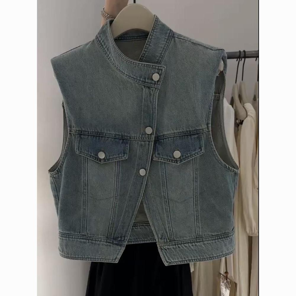 Outer Wear Retro Distressed Shoulder Pads Denim Vest Women Short Small ...