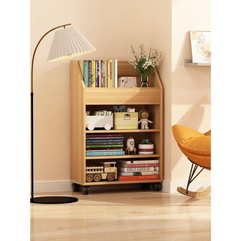 Bookshelf floor shelf Movable wooden bookcase with wheel table under ...