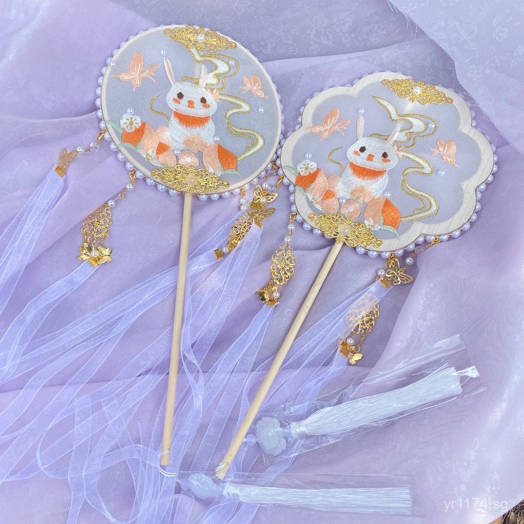 Embroidered Long Handle Palm Fan Hanfu Dance Children's Palace Fan Qin ...