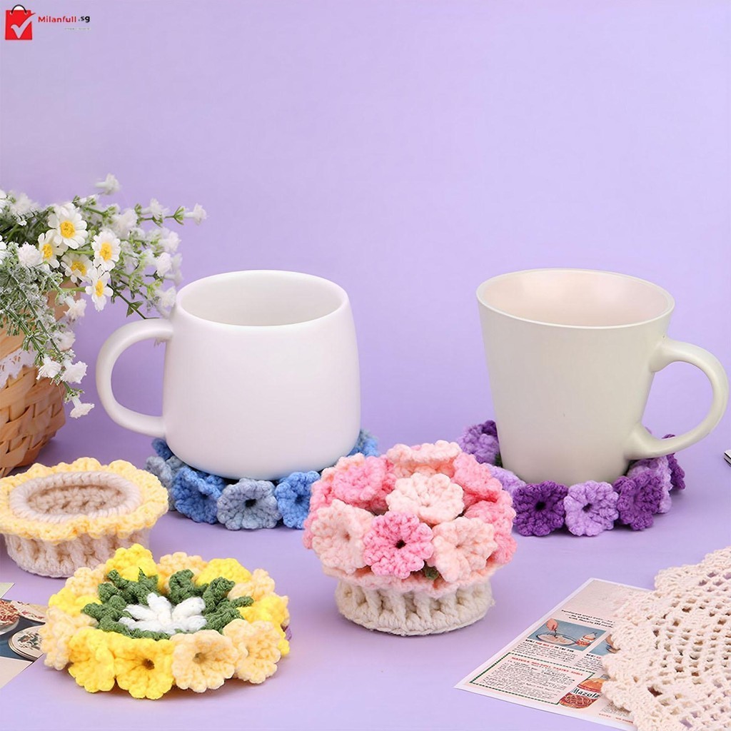 4Pcs Crochet Cup Mat Kit Cute Flower Knitted Cup Mats Supplies Kit ...