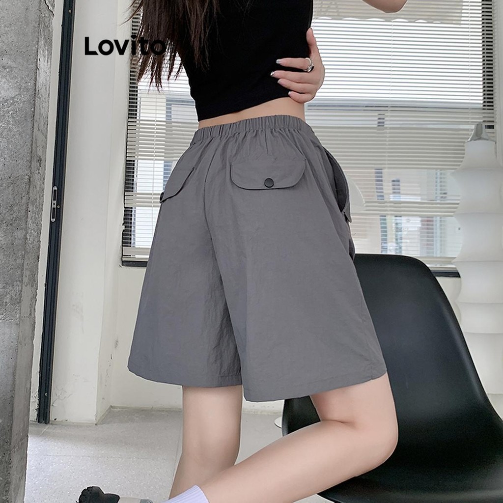 Lovito Casual Plain Fake Pocket Drawstring Button Shorts for Women ...