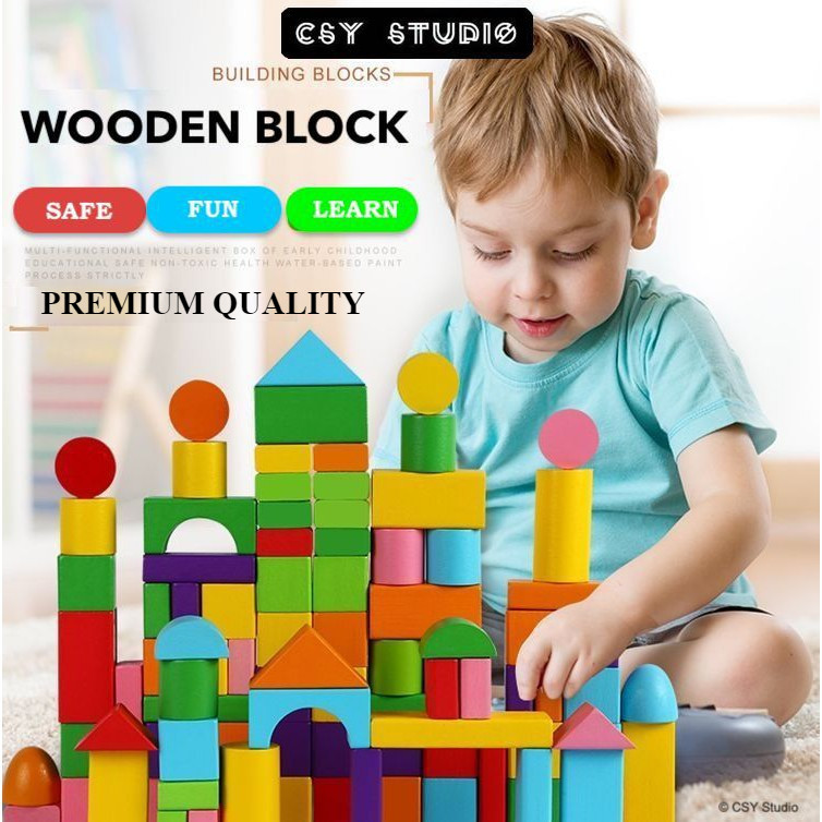 Wooden Building Block 100pcs Mainan Budak Perempuan Geometric Set Shape ...